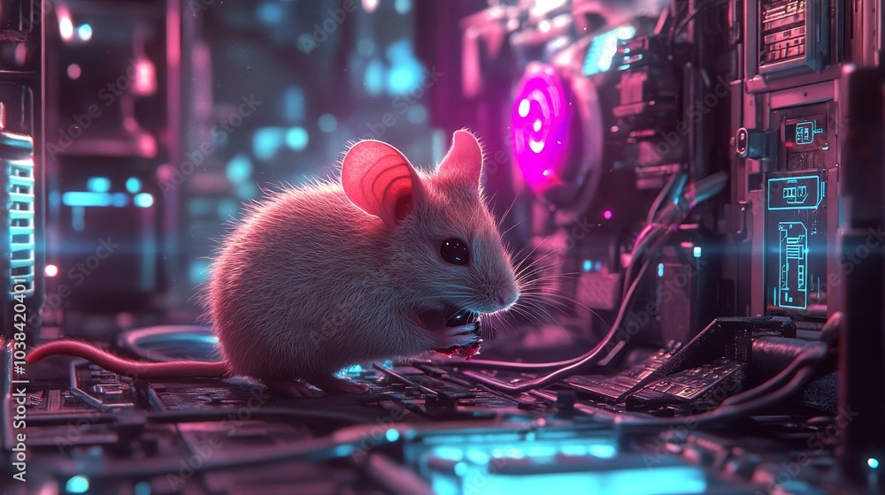 Mouse chewing on electric cords, surrounded by high-tech devices, AI ...
