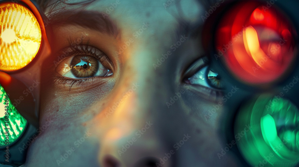 A close-up of eyes staring at a set of traffic lights, with the red ...