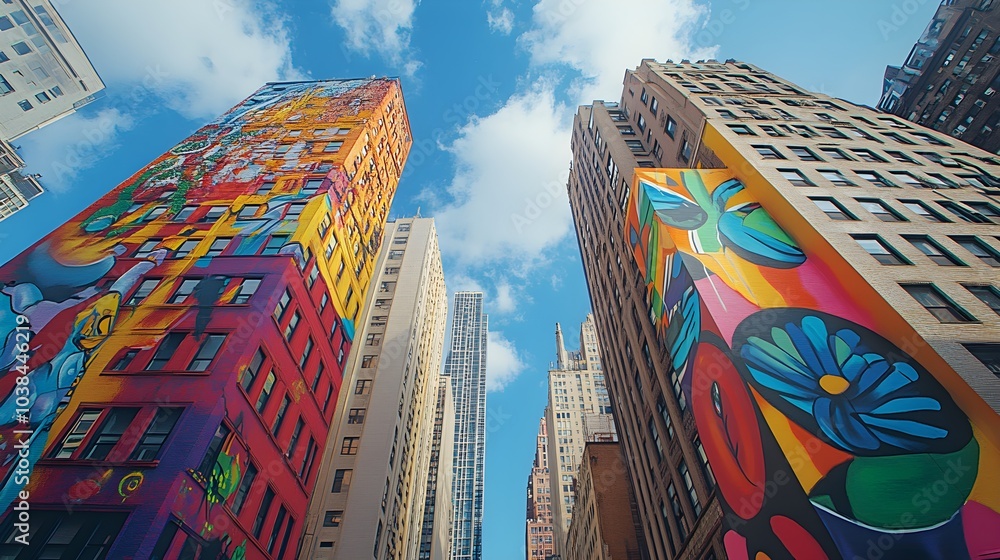 Towering buildings set against a radiant sky, with streets alive with ...