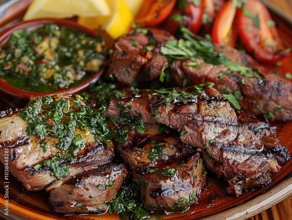 A beautifully plated Argentine asado, featuring grilled meats and ...