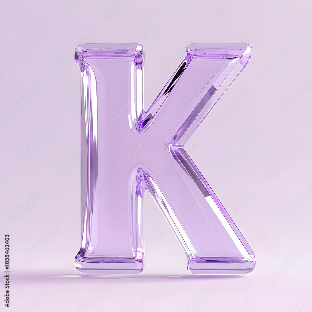 Elegant purple glass letter K displayed on a smooth surface against a ...