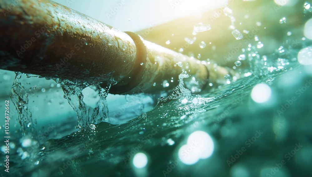 Water splashing around a rusted pipe, highlighting environmental ...