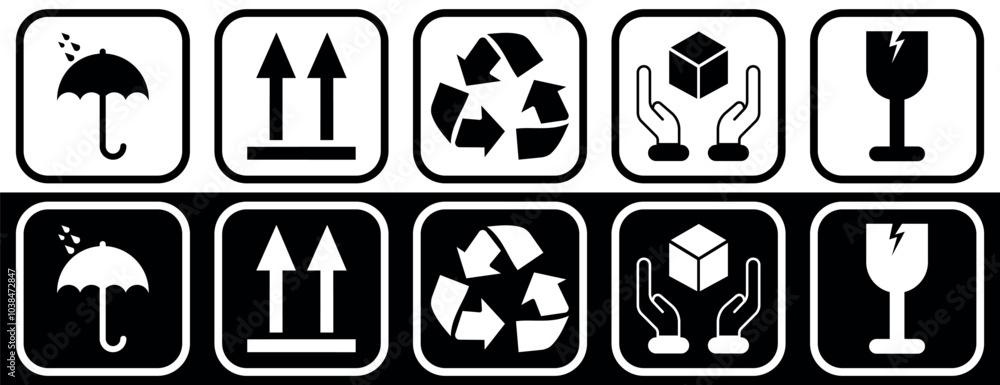 Common Shipping and Handling Symbols for Packaging Safety. Vector ...