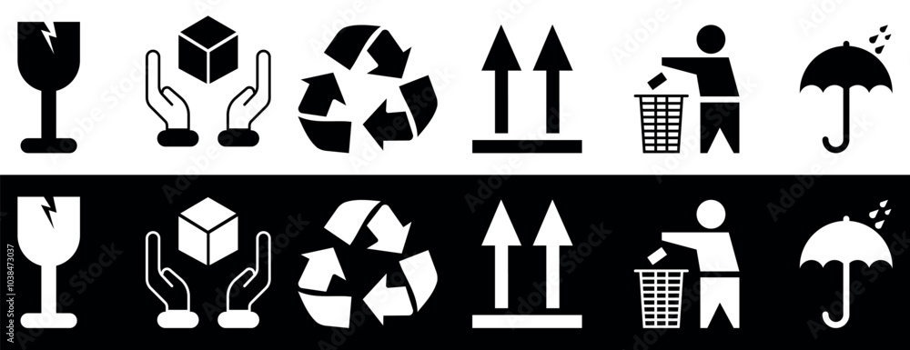 Collection of Packaging care symbols. Packaging cargo icon. Caution ...