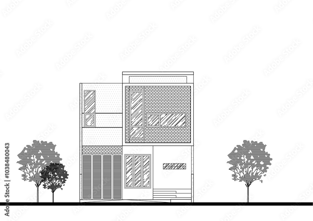 2D Front View Illustration of a Two-Story House with Trees on Each Side ...