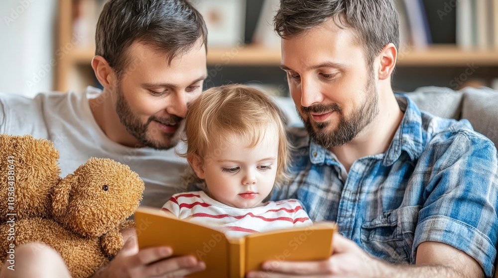 A loving family with two dads sitting on the sofa, reading a bedtime ...