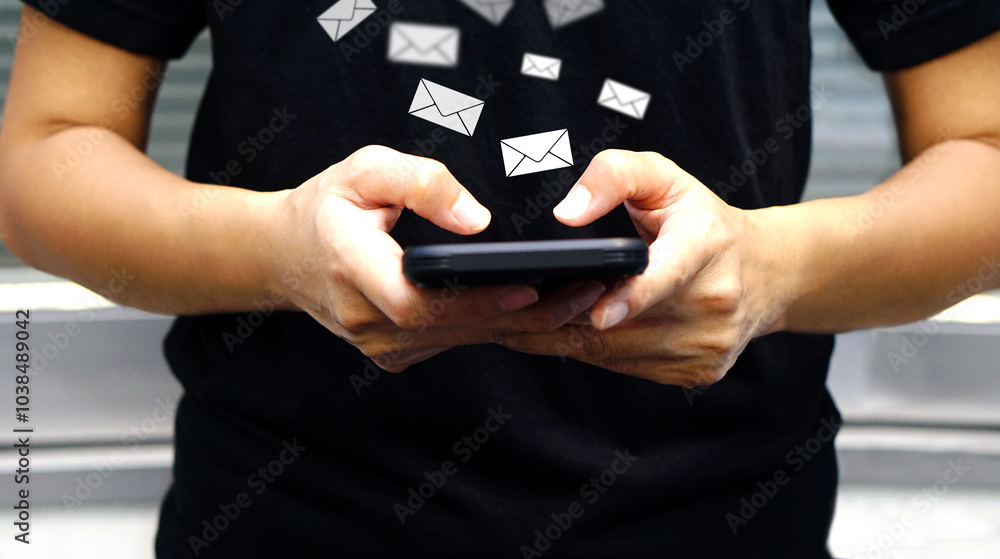 Businessman sending large amount of SMS messages on smartphone, show ...