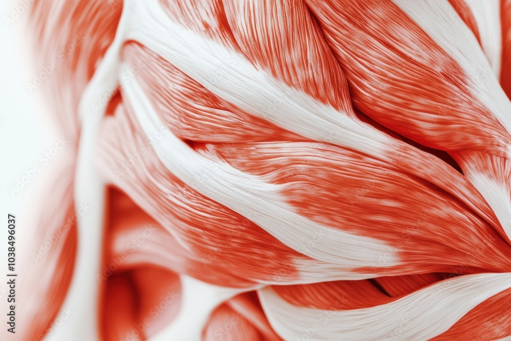 This vivid close-up displays intricate details of red and white muscle fibers, highlighting ...