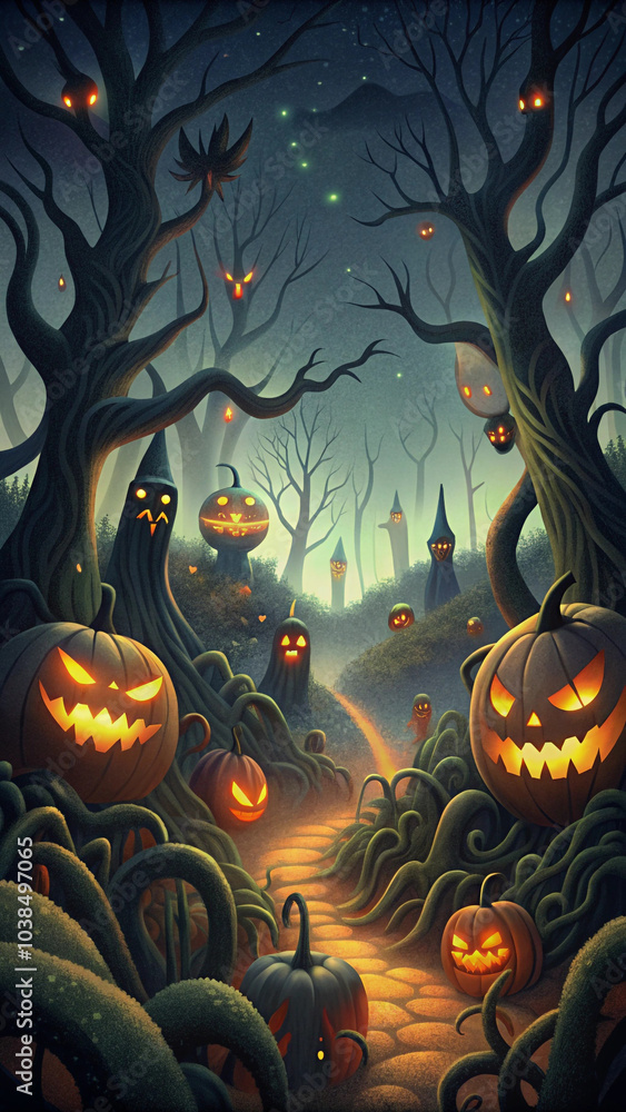Spooky Halloween illustration of a haunted forest path lined with glowing jack-o'-lanterns and ...