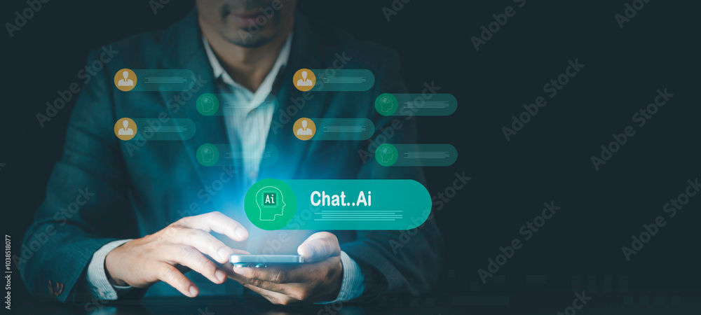 Chatbot Humans interact with AI artificial intelligence virtual assistant, modern technology ...