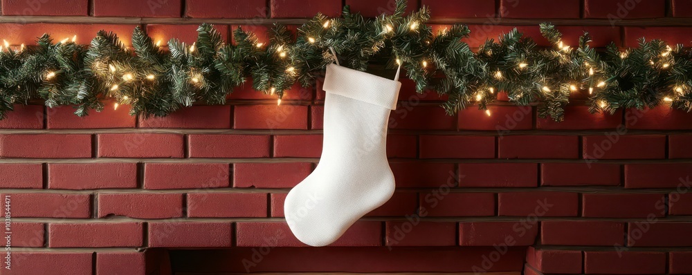 Elegant white stocking mockup hung against a red brick fireplace ...