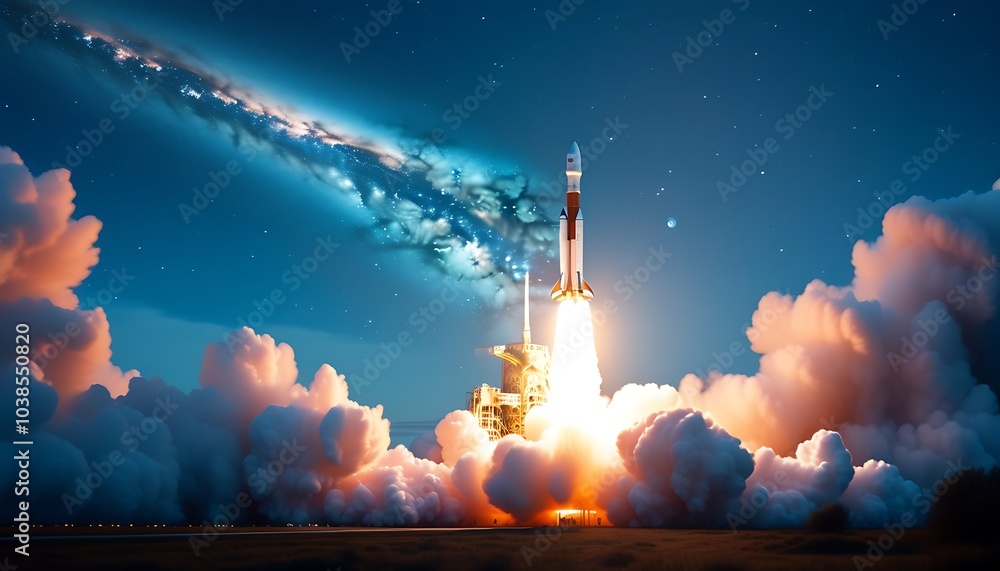 Night sky exploration via rocket launch, merging aerospace technology ...