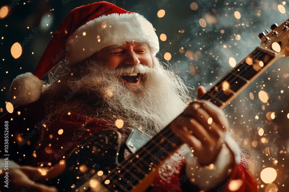 Santa Claus, fully absorbed in playing an electric guitar with a beaming smile, surrounded by ...