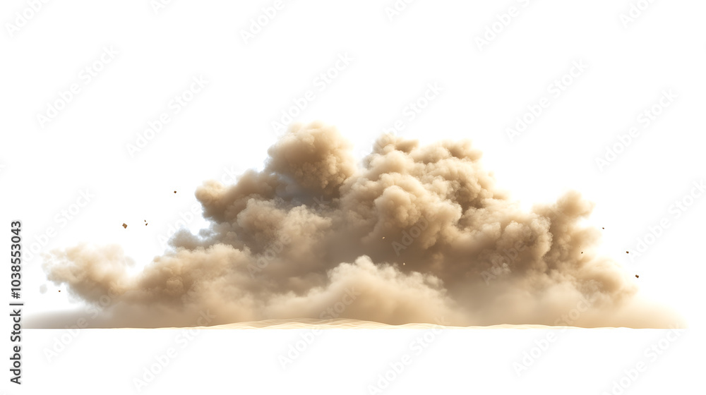 Realistic dust cloud explosion isolated on white background, perfect for visual effects, digital ...