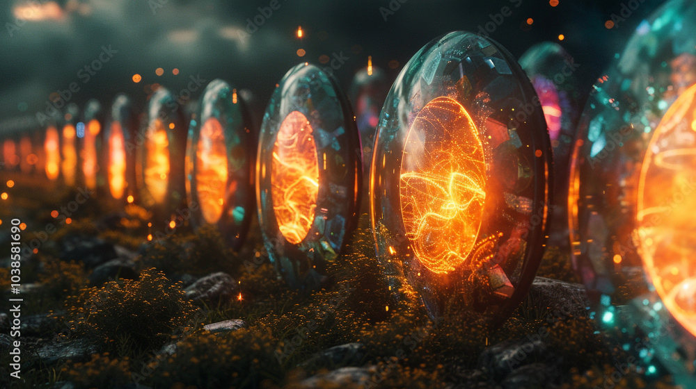 Fields of glowing shields arranged in formation, each shield shimmering ...