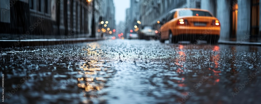 A rain-soaked city street with water entering a drainage system ...