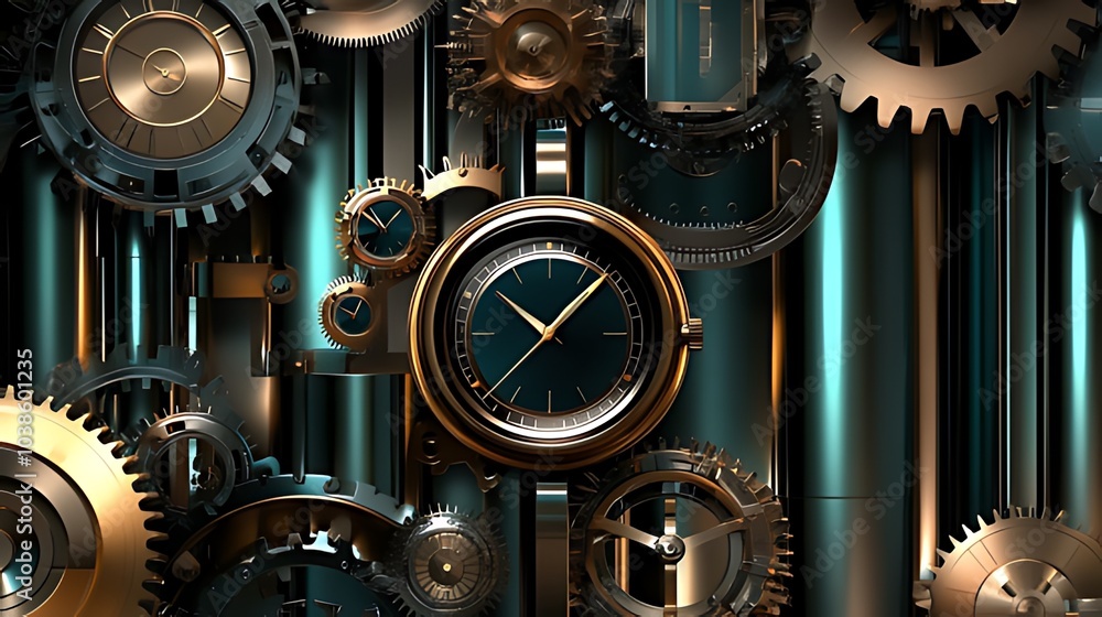 Close-up of a watch face surrounded by gears, cogs, and metal bars ...