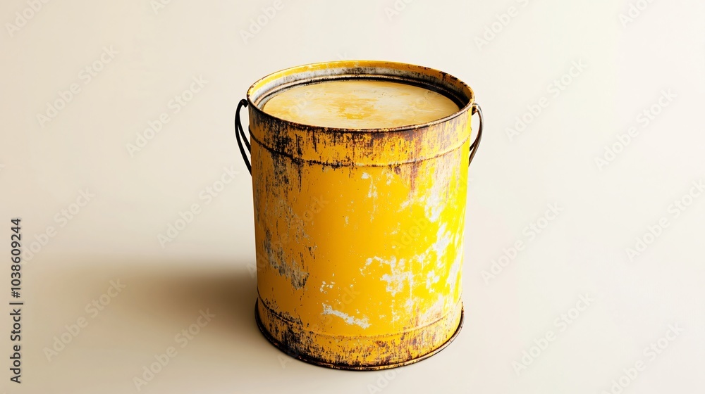 A can of golden yellow emulsion paint with a vintage label, slightly ...