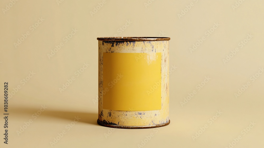 A can of golden yellow emulsion paint with a vintage label, slightly ...