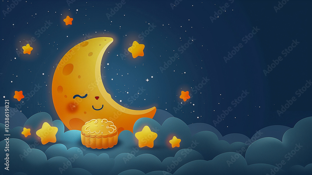 Cute crescent moon with stars and a mooncake in a night sky.. Stock ...