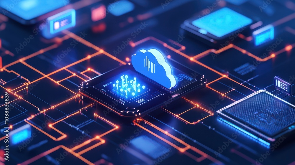Digital network illustration depicting interconnected devices and cloud ...
