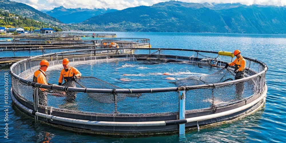Workers in a circular salmon farm pen using nets to harvest fresh ...