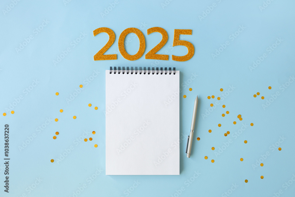 Poster 2025 New Year concept with empty notebook for your goals, plans ...