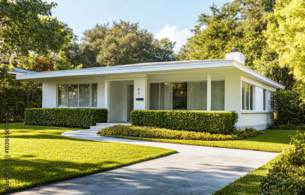 the front view of an urban, single-story house in Miami Beach with ...