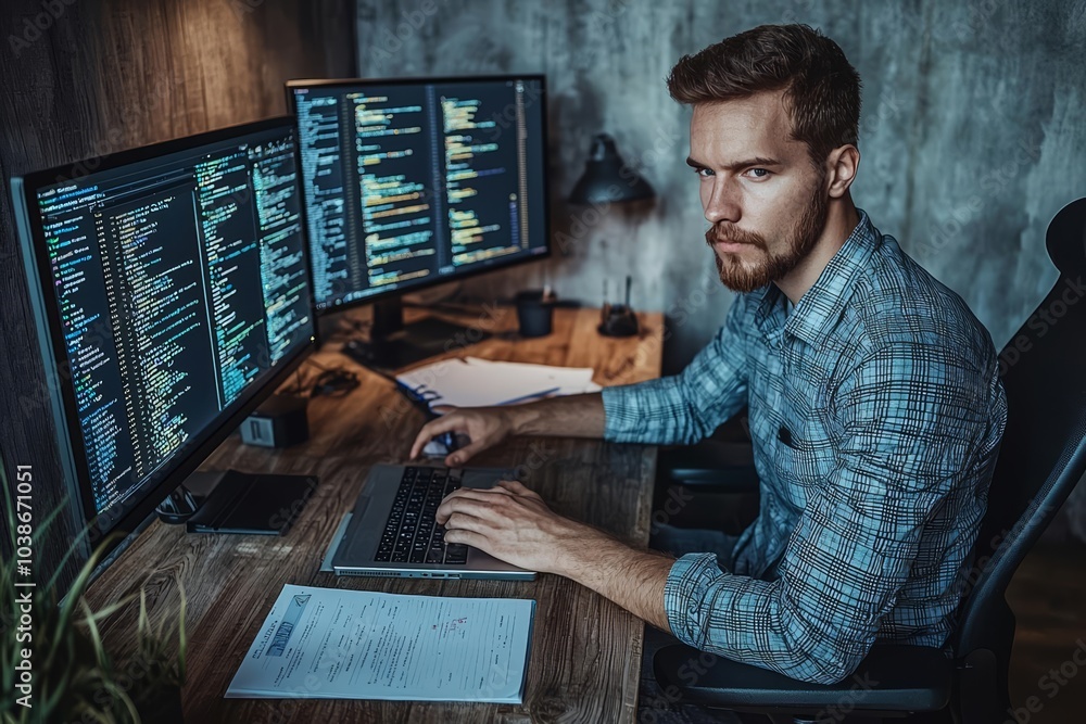 Cybersecurity concept of Top above high angle view portrait of his he ...