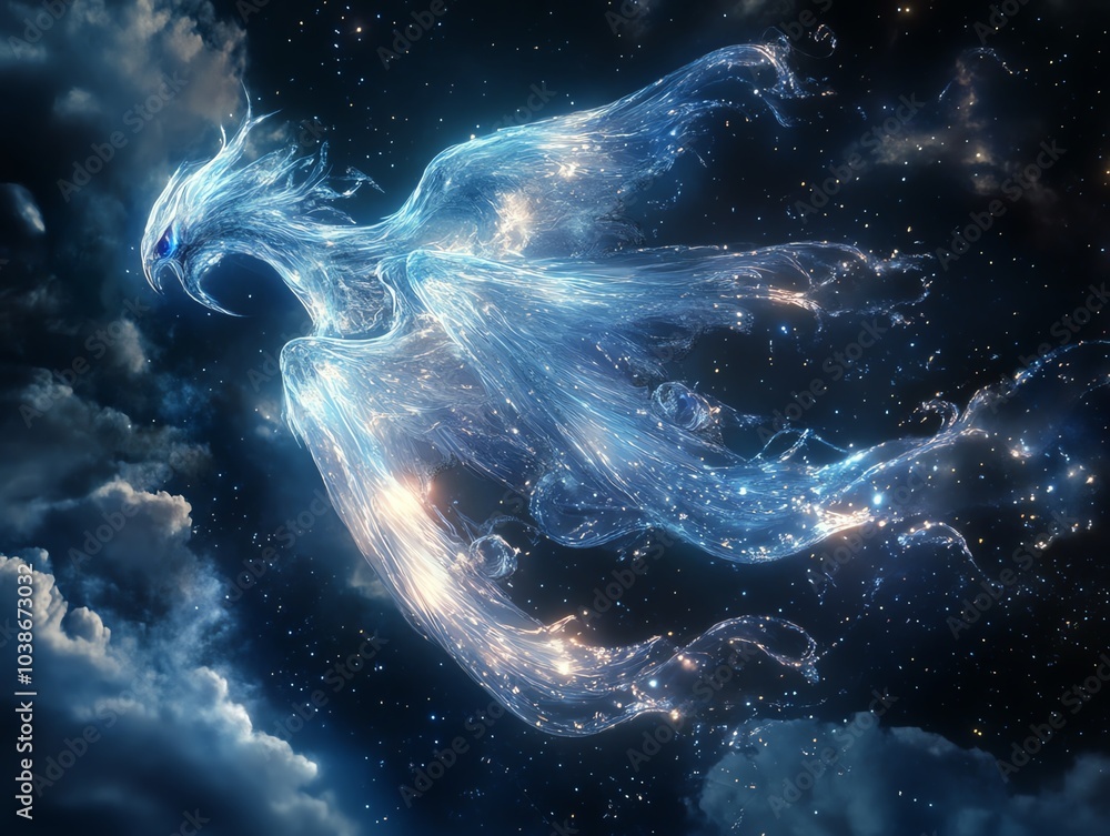 A mystical bird of light soaring through a starry night sky ...