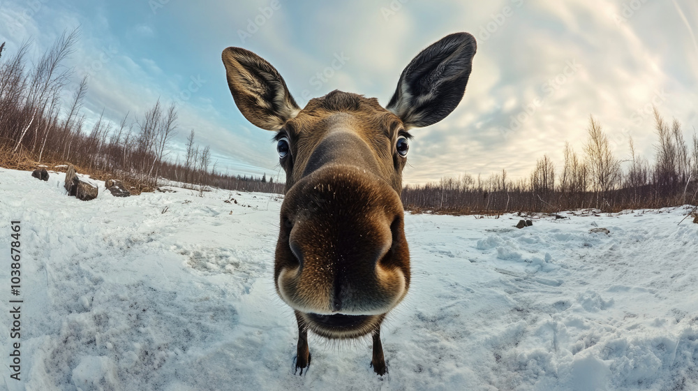 A moose with a large nose is closely facing the camera in a snowy ...