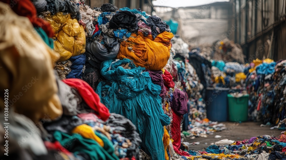 Mountains of discarded garments and textiles in a recycling facility ...