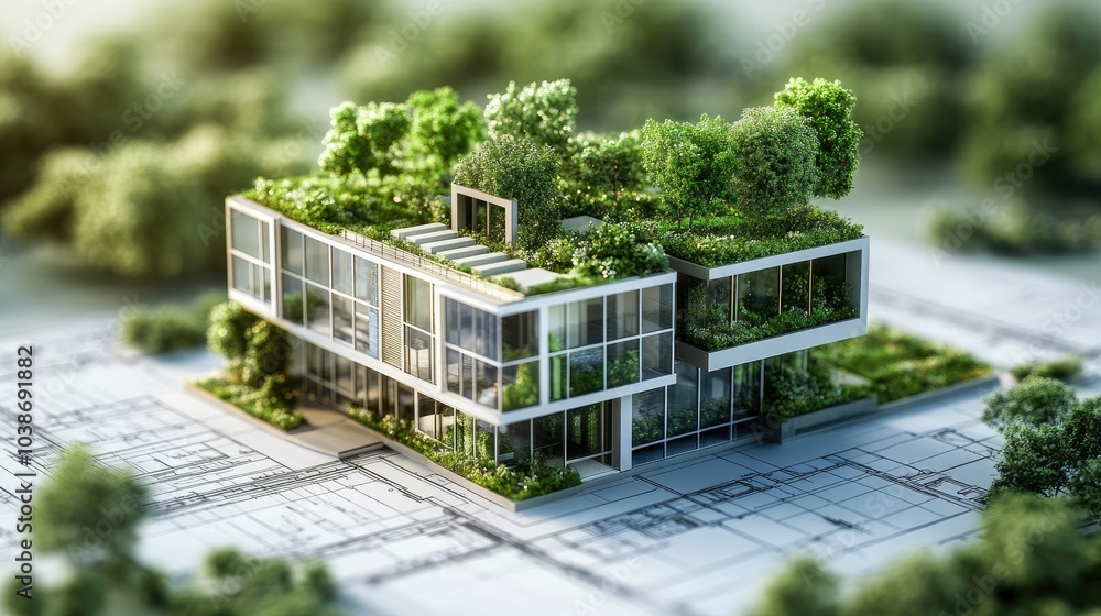 Close-up of sustainable green building blueprints, showcasing eco ...