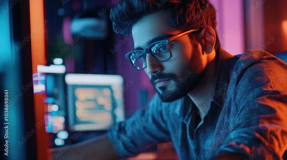 This portrait depicts a handsome Indian engineer working on a desktop computer in a ...