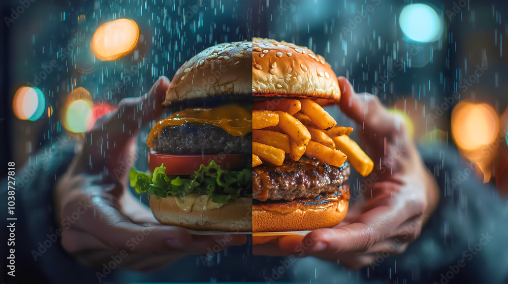 Healthy vs unhealthy food comparison, showcasing vibrant fruits and ...