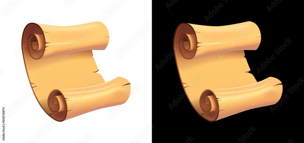 Antique parchment 3D scrolls with curled edges and visible signs of ...