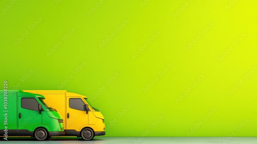 Two delivery vans in vibrant colors parked against a bright green ...