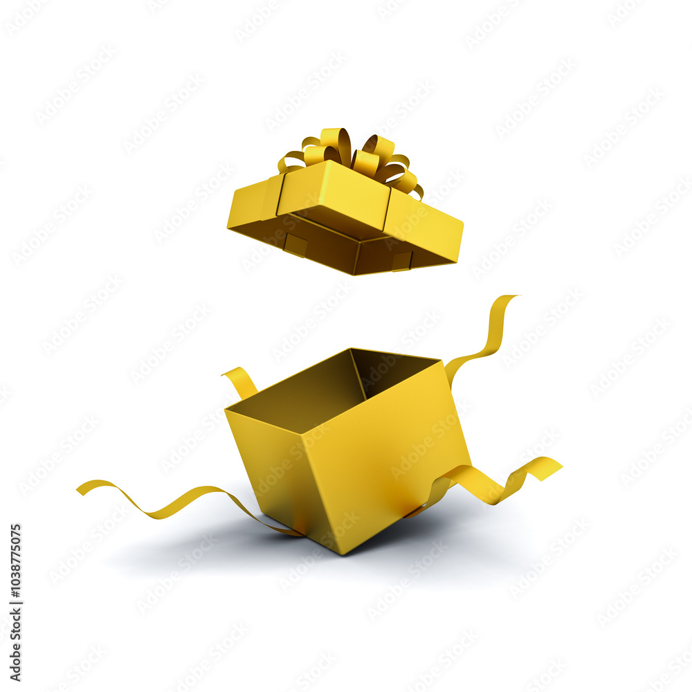 All gold present box tied with golden ribbon bow or blank gold gift box ...