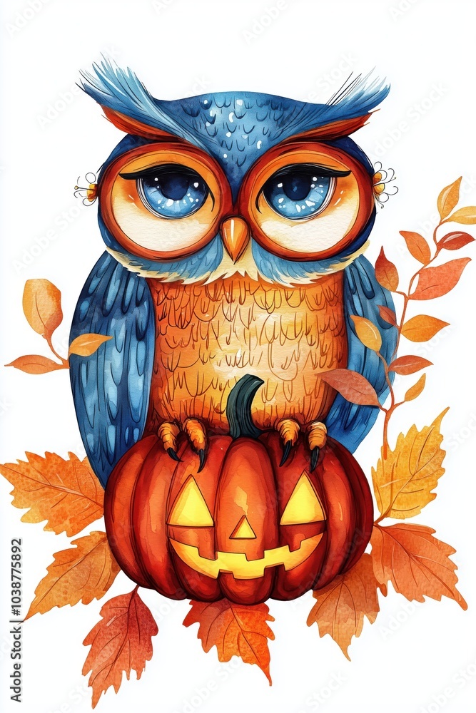 Owl with a pumpkin mask flat design side view Halloween theme ...