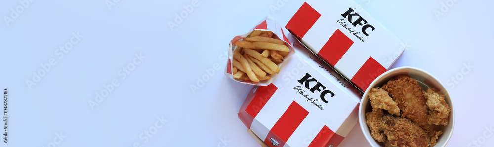 Kyiv, Ukraine - October 20, 2024: KFC. Bucket with strips, burger in ...