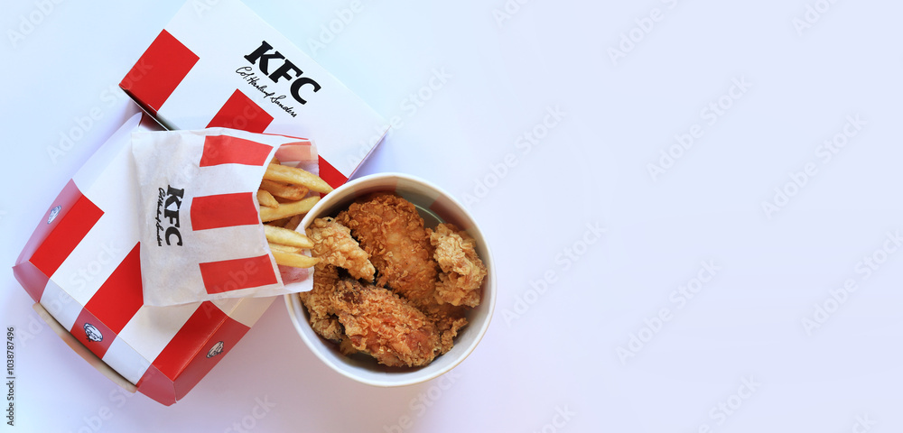 Kyiv, Ukraine - October 20, 2024: KFC. Bucket with strips, burger in ...