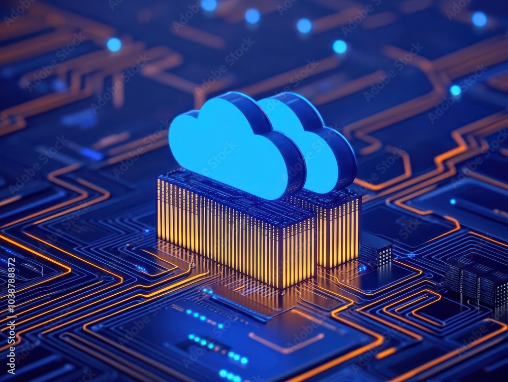 Cloud architecture blueprint diagram within a futuristic datacenter ...