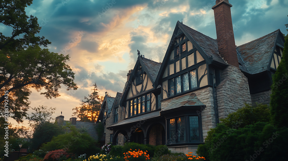 grand Tudor style house with tall chimneys and intricate architecture ...
