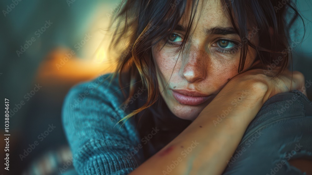 A woman holding her bruised arm after a domestic altercation ...