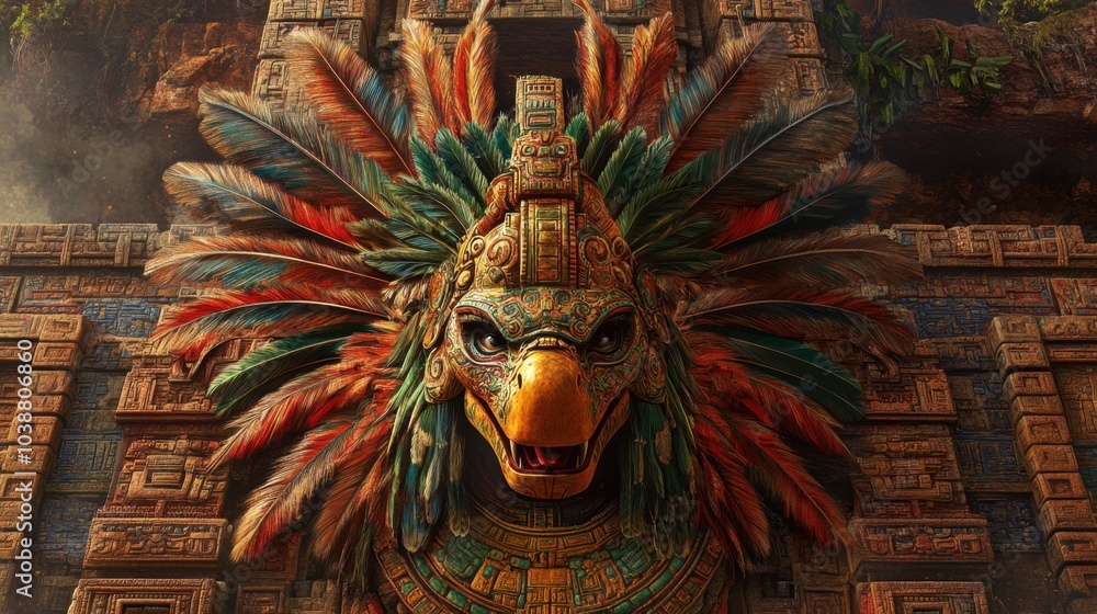 A hyper-realistic, intricately detailed depiction of the Aztec god ...