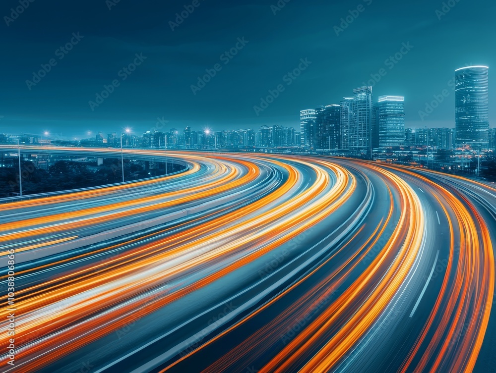 Dynamic Traffic Light Trails on Urban Highway at Night, Cityscape ...