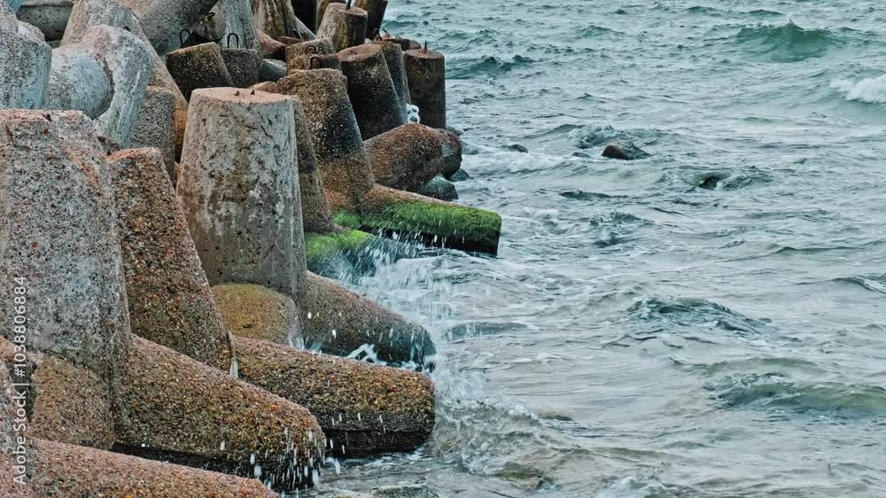 Sea Waves Hitting Shore with Splashing on Heavy Concrete Tetrapod ...