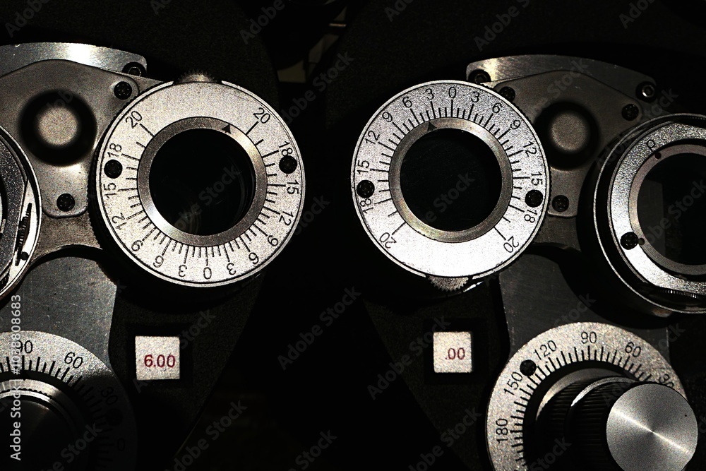Detail of central lenses with scales on vintage manual mechanical ...