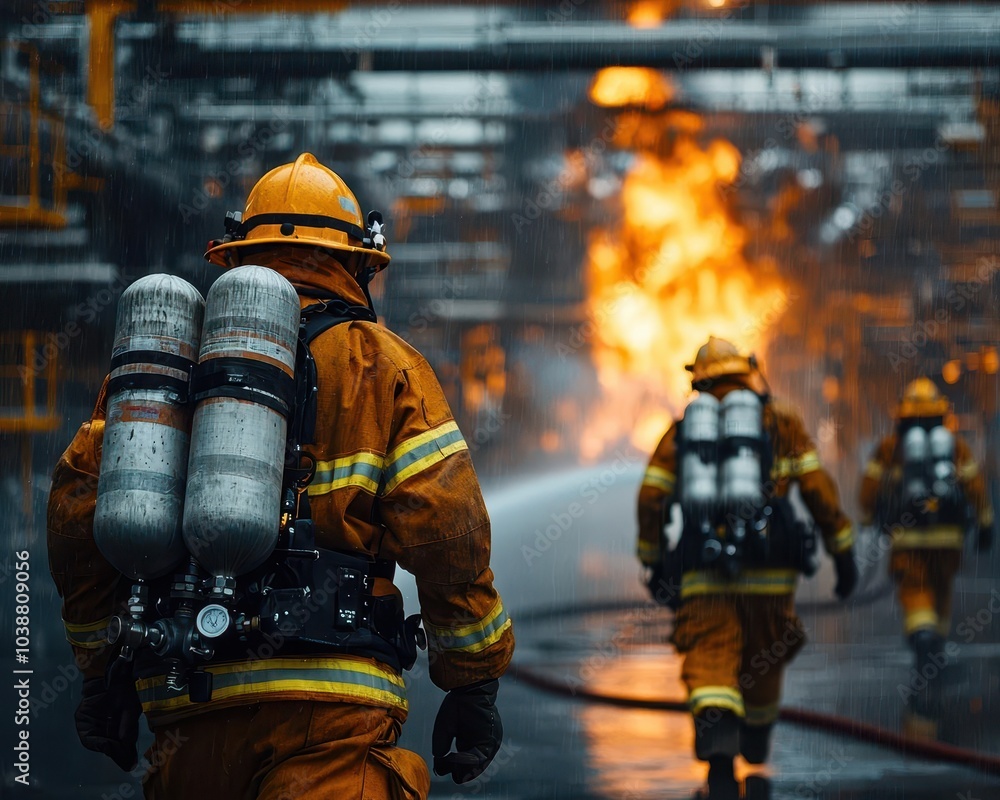 Firefighters controlling a propane gas fire in an industrial setting ...