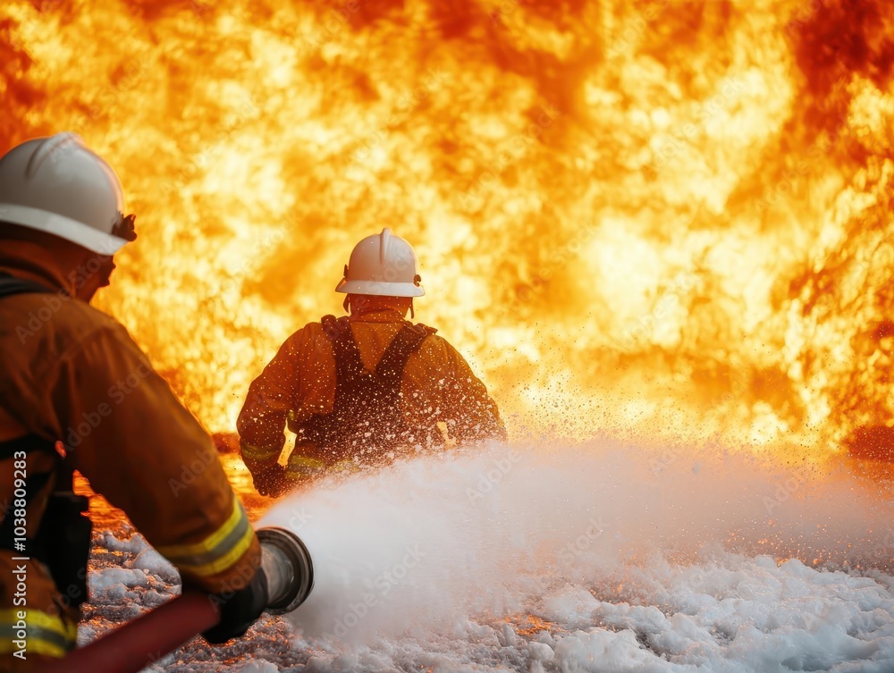 Firefighters using foam to control an oil refinery fire, industrial ...